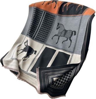 GFM Ch&acirc;le pashmina imprim&eacute; chevaux au toucher cachemire pour femme pour lautomne et lhiver (HSSHL-AA), Hsshl-e-noir, L