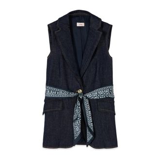 Oltre Femme, Vestes, Bleu, Taille: 48 FR Gilet en jean avec ceinture foulard