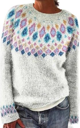 Generic Pull Irlandais Femme dhiver Chaud Chic Et Élégant Pullover Tricoté Col Rond À Manches Longues Sweatshirts Vintage À Motif Tunique Grande Taille Mode D