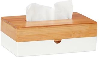 Relaxdays Tücherbox, Kunststoff & Bambus, Kosmetiktücher Box, eckige Tuchbox, H x B x T: 8,5 x 23,5 x 15 cm, weiß/Natur