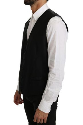 Dolce & Gabbana Mens Black Solid Wool Silk Vest Clothing