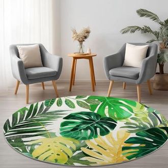 Generic Vert Olive Tapis Rond Minimalist - 120 cm Lavable Doux et antid&eacute;rapant Tapis, Aquarelle Feuilles Tropicales Plantes Impression pour Chambre &agrave; Coucher 