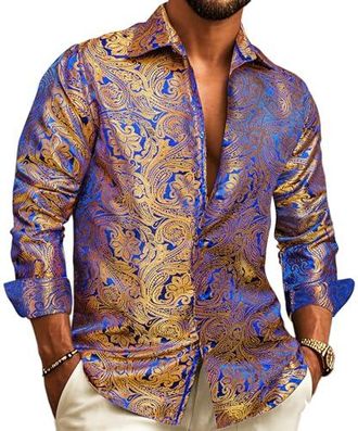 Barry.Wang Chemise habill&eacute;e pour homme en soie cachemire &agrave; manches longues boutonn&eacute;e grande et grande chemise tendance loisirs f&ecirc;te de mariage bal, Bleu dor&eacute;., X
