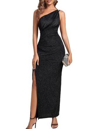 Ever-pretty Robe de Soir&eacute;e Femme Fendue &Eacute;lastique Maxi Cocktail Longue sans Manches Scintillante Chic Noir 44