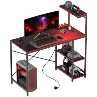 HOMCOM Gaming Tisch mit LED Lichtern 110x50 cm Carbon Fiber Gaming Desk Gaming Tisch mit Steckdosen Regalen und Fernbedienung für Büro und Arbeitszimmer Schw