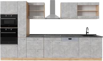 Vicco Küchenzeile R-Line, Beton/Goldkraft Eiche, 350 cm, ap Anthrazit