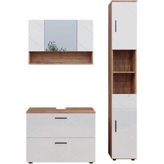 Vicco Ensemble de meubles de salle de bain Irma, Blanc brillant/Ch&ecirc;ne dor&eacute;, 3 pi&egrave;ces, armoire basse 80 cm