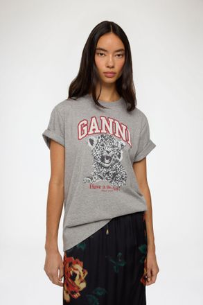 Ganni grau T-Shirt mit Tiger Bio-Baumwolle - Gr&ouml;&szlig;e XXS