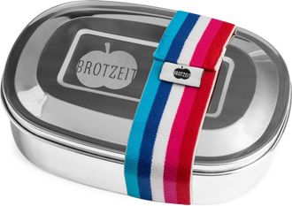 Brotzeit 16x12x4cm Edelstahl Brotdose Magic mit Gummiband nach Farbauswahl Edelstahldose Vesperdose Jausenbox Brotzeitdose (Streifen Bunt Rot Blau)
