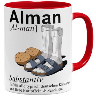 OM3 lustige Kaffee-Tasse mit Spruch - Alman - Typisch Deutsch Sandalen Kartoffeln Socken meme I - Keramik Becher - 325ml - Beidseitig Bedruckt - Rot