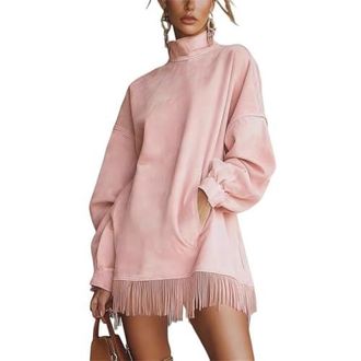 Generic Mini robe vintage ample en daim, col haut, velours, robe vintage ample à franges et poches pour femme, rose, XXL