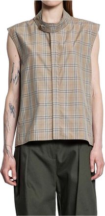 Burberry Femme, Tops, Beige, Taille: 32 FR Canvas Buttoned Stand Collar Sleeveless Top