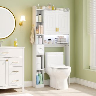 Costway Toilettenregal, Regal &uuml;ber Toilette mit Beleuchtung, 2 T&uuml;ren, 6 F&auml;chern, Taschentuchbox, Haken & verstellbarem Regal, Toilettenschrank platzsparend f&uuml;