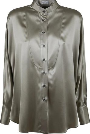 Brunello Cucinelli Femme, Blouses et Chemises, Gris, Taille: 40 FR Chemise en satin de soie stretch