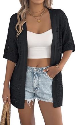 Feoya Cardigan fin dété à manches courtes pour femme - Style bohème - Kimono léger - Crochet - Pour la plage et les vacances, Noir, L