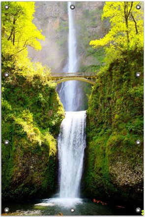 Wallario Outdoor-Poster f&uuml;r Garten oder Balkon Br&uuml;cke &uuml;ber dem Wasserfall, Motivbanner Gr&ouml;&szlig;e: ca. 80 x 120 cm, Outdoor-Bild