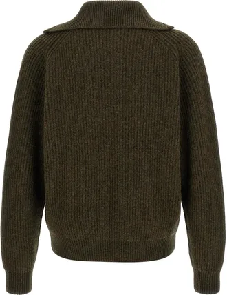 Jil Sander Ribbed Wool Half-Zip Sweater - olive