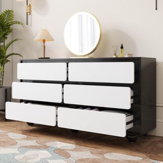 Generic Kommode mit 6 Schubladen Sideboard für Wohnzimmer Schlafzimmer Esszimmer Frisiertisch mit Großer Stauraum Beistellschrank Buffet Kabinett Schwarz + We