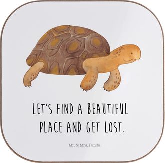 Mr. & Mrs. Panda Untersetzer f&uuml;r Gl&auml;ser Schildkr&ouml;te Marschieren - Geschenk, Meer, Motivation, Schildkr&ouml;ten, Coaster, Flaschenuntersetzer, Tischuntersetzer, Abenteuer, 