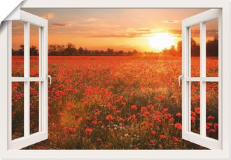 Artland Wanddeko Poster & Kunstdrucke Wandposter Fensterblick Fenster Natur Botanik Blumen Mohnblumen Sonnenuntergang T5ZO