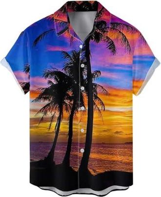 Generic Chemise hawa&iuml;enne palmier pour homme boutonn&eacute;e &agrave; manches courtes tropicales cara&iuml;bes graphique amusant revers de golf d&eacute;contract&eacute; flamant rose tendanc