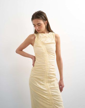 Topshop Robe mi-longue fronc&eacute;e sans manches - Babeurre-Jaune