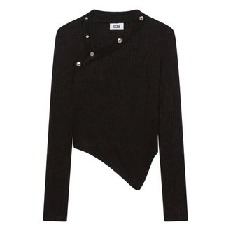 GCDS Gcds, Femme, Pulls, Noir, Taille: 38 FR Top Manches Longues &agrave; Boutons Pression Nervur&eacute;