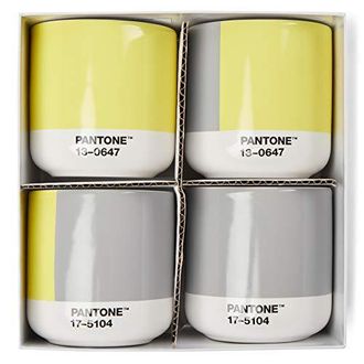 Copenhagen Design Pantone doppelwandiger Porzellan-Thermobecher Cortado, ohne Henkel, 190ml, CoY 2021 Illuminating 13-0647 & Ultimate Gray 17-5104, in Geschenkbox, 4er-