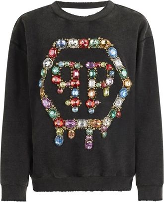Philipp Plein Femme, Sweatshirts et sweats &agrave; capuche, Noir, Taille: 38 FR Open Back SweaT-shirt Hexagon Stones