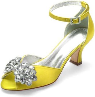 Generic Satin Chaussures De Mariage Femme Bout Ouvert Mariée Hauts Talons Sandales Talons Bas Chaussures De Mariee Bal 6.5Cm,Jaune,37 EU
