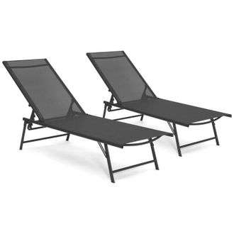 IDMarket Lot de 2 transats de jardin inclinables KAILUA en acier gris anthracite et toile grise
