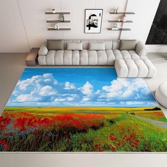 Generic Tapis Salon 120 x 170 cm, Nature Beau Fleurs Prairie Motif Tapis Lavable avec Support Antidérapant et Bordure Durable, Carpet Moquette Chambre Décorat