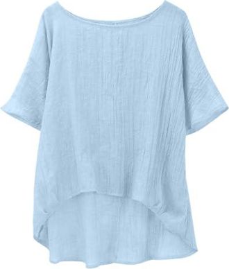 Generic Chemises en lin pour femmes, hauts dété grande taille, t-shirts pour femmes, couleur unie, chemise à manches courtes, col rond, chemisiers décontracté
