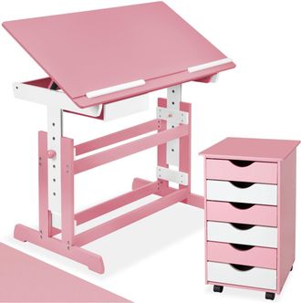 TecTake höhenverstellbarer Schreibtisch, Kindertisch, Kinderschreibtisch höhenverstellbar und neigbar mit Schreibtisch Zubehör Rollcontainer mit Schubladen, K