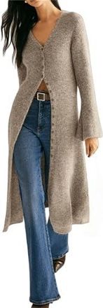 Generic Cardigan long tendance &agrave; col en V boutonn&eacute; pour femme, manteau maxi en tricot &eacute;pais pour lautomne et lhiver, options de tricot torsad&eacute;, kaki, XL