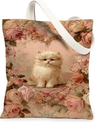 Generic Sacs fourre-tout vintage en toile &agrave; motif floral, sacs d&eacute;picerie r&eacute;utilisables, l&eacute;gers et lavables avec bandouli&egrave;re en toile pour S, p&ecirc;che, 13x15 Inch