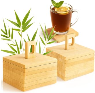 Com-Four 12x Untersetzer aus Bambus - Glasuntersetzer eckig mit Halterung und Griff - Untersetzer f&uuml;r Gl&auml;ser - Tassenuntersetzer zum Schonen des Tisches