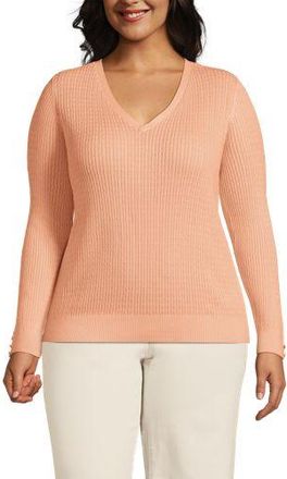 Lands End Feinstrick-Zopfmusterpullover mit V-Ausschnitt, Damen, Größe:52-54 plus, Orange, Baumwolle, by Lands End