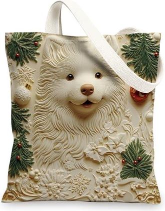 Generic Sac fourre-tout en toile motif chien samoy&egrave;de de No&euml;l pour faire du shopping, 33 x 38,1 cm, sac d&eacute;picerie r&eacute;utilisable de luxe pour femme, peinture da