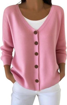 TOMWELL Pull Femme Col V Chaud Couleur Unie Pulls en Tricot Manche Longue Haut Bouton Cardigan Tricot&eacute; A Rose S