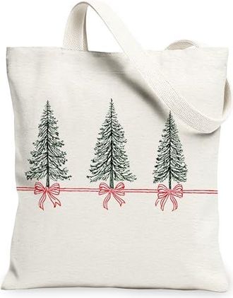 Generic Sacs fourre-tout en toile motif sapin de No&euml;l, sacs d&eacute;picerie r&eacute;utilisables en lin rustique lavable avec bandouli&egrave;re pour lext&eacute;rieur, naturel, 13x15 I