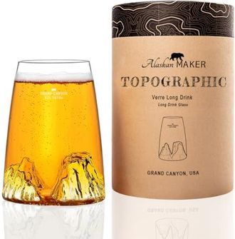 Alaskan Maker Verre long 450ml - Borosilicate de qualit&eacute; sup&eacute;rieure souffl&eacute; artisanalement avec les montagnes en relief | Cocktail, bi&egrave;re ou soft TOPOGRAPHIC (Grand