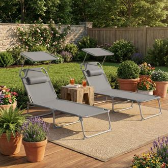 Songmics Transats Pliants Ext&eacute;rieur, Appui-T&ecirc;te, Dossier et Pare-Soleil R&eacute;glables, pour Balcon, Terrasse, Lot de 2, Gris