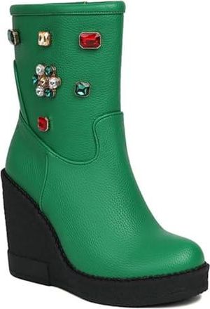 Generic Bottines dhiver &agrave; talon compens&eacute; &agrave; bout rond pour femme avec strass, Vert, 40.5 EU