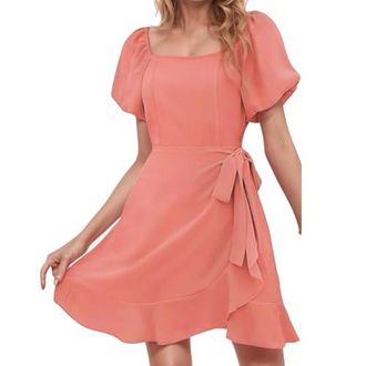 Generic Robe d&eacute;t&eacute; d&eacute;contract&eacute;e pour femme, col carr&eacute;, manches courtes, ourlet &agrave; volants, robe d&eacute;t&eacute; quotidienne, tenue simple et unie pour le printemps et les 