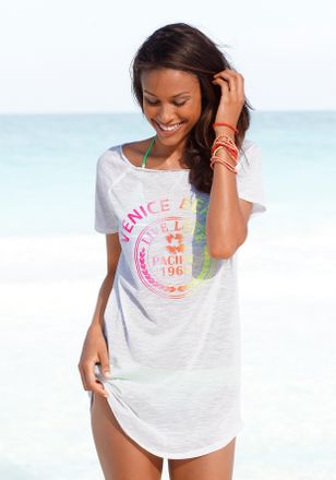 Venice Beach Longshirt VENICE BEACH, Damen, Gr. 32/34, wei&szlig;, Slub, Obermaterial: 100% Polyester, figurumspielend kurz, Rundhals, Shirts Longshirt, mit Frontprint, 
