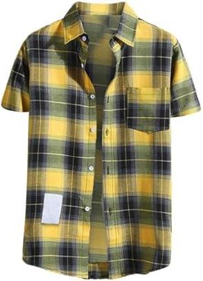 Generic Chemise &agrave; manches courtes pour homme, chemise boutonn&eacute;e &agrave; carreaux color&eacute;s, tendance et polyvalente, haut &agrave; revers &agrave; bouton-pression, haut d&eacute;t&eacute; l&eacute;ger,
