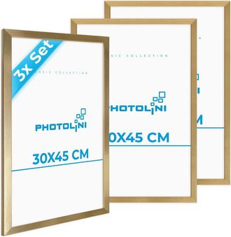 Photolini Bilderrahmen 30x45 Gold MDF-Holz, 3er Set Poster-Rahmen, bruchsicheres Acrylglas, zum Aufhängen, extra Zubehör - für Fotos & Poster