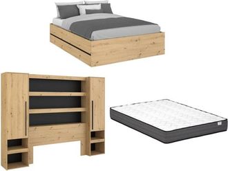 Vente-Unique Lit coffre avec pont 140 x 190 cm - Coloris : Naturel et noir + Matelas - LUDARO