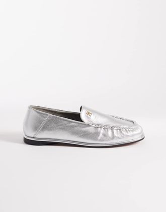 Tommy Hilfiger Leder-Loafer in Silber mit weichem, umklappbarem Absatz